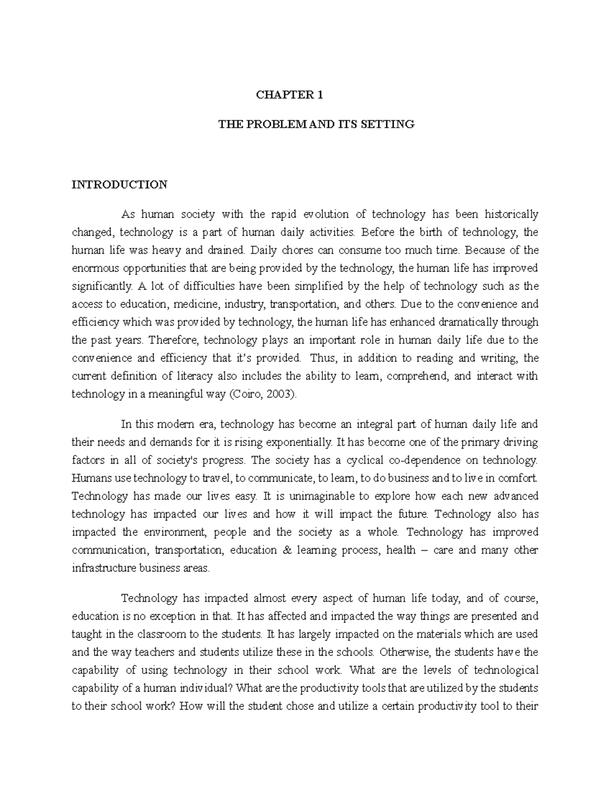 Research paper - CHAPTER 1 THE PROBLEM AND ITS SETTING INTRODUCTION As human society with the ...