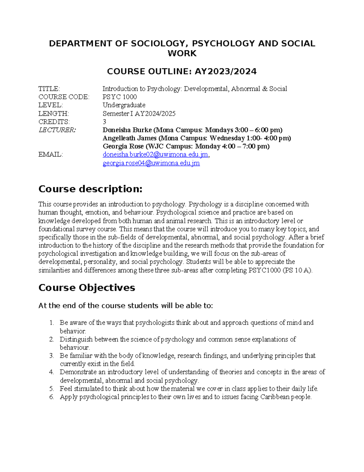 PSYC 1000 Course Outline: Intro to Developmental, Abnormal & Social ...