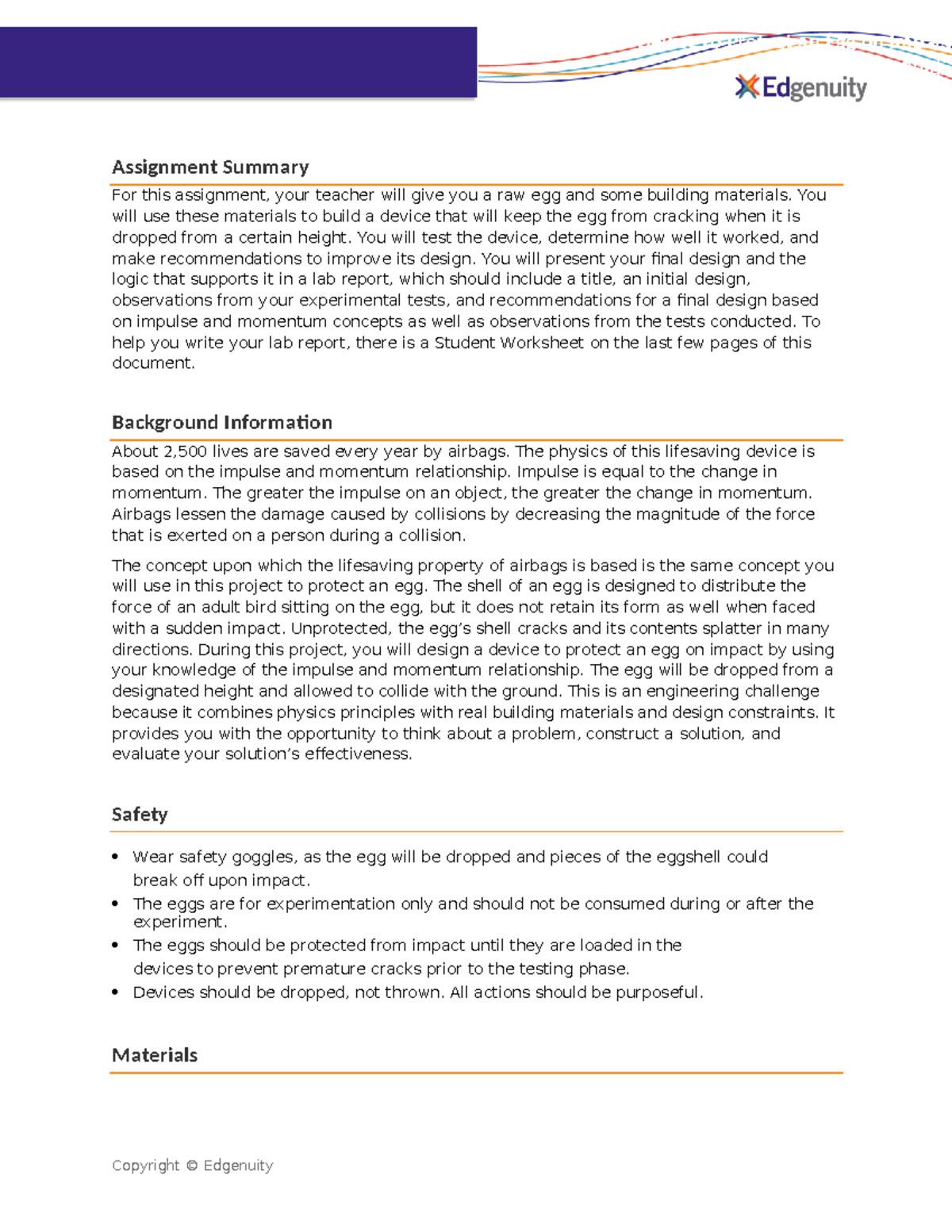Student Guide - Egg Drop Project - Copyright © Edgenuity Inc. Design a ...