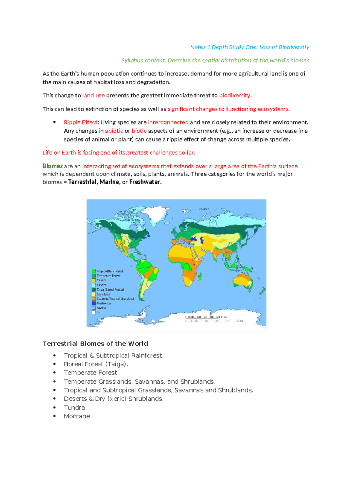 Depth Study 1: Loss of Biodiversity & Biomes Overview - Studocu