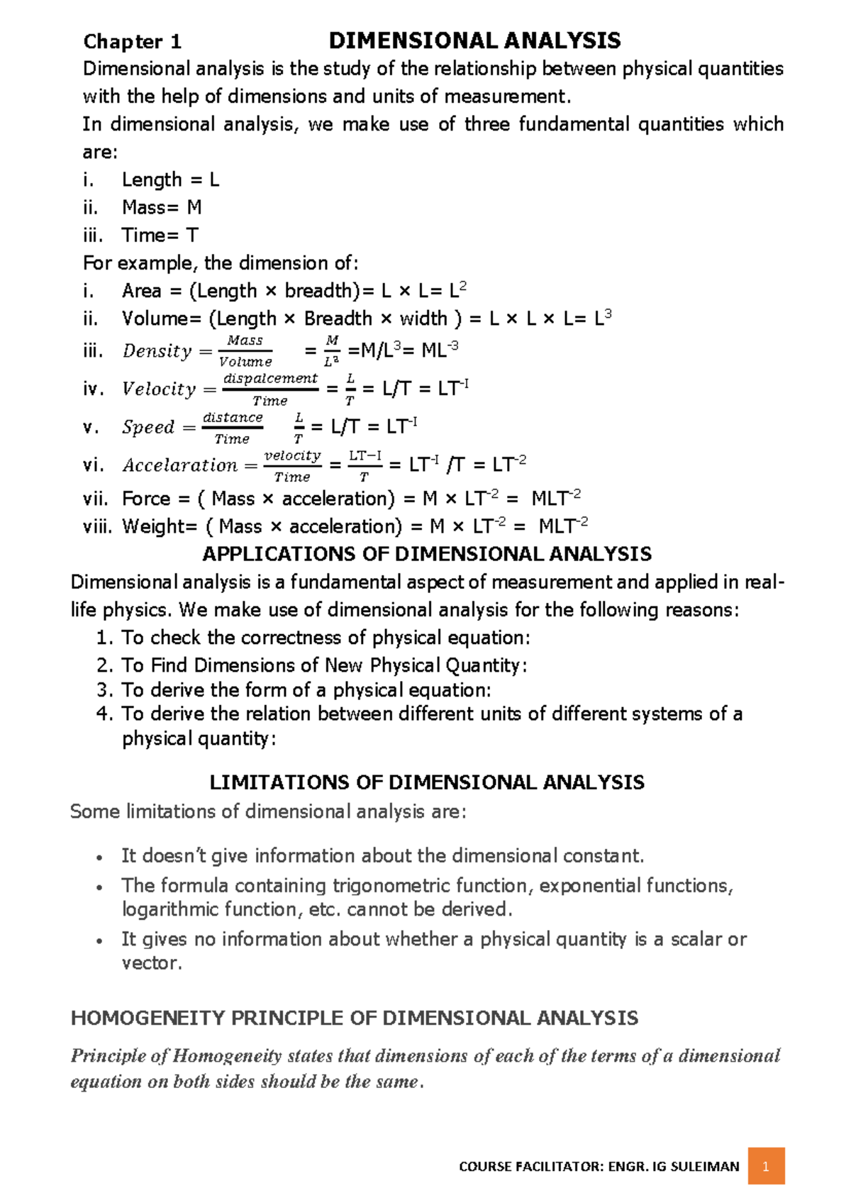 Phy 101 chapter 1: Dimensional analysis and its applications - Studocu