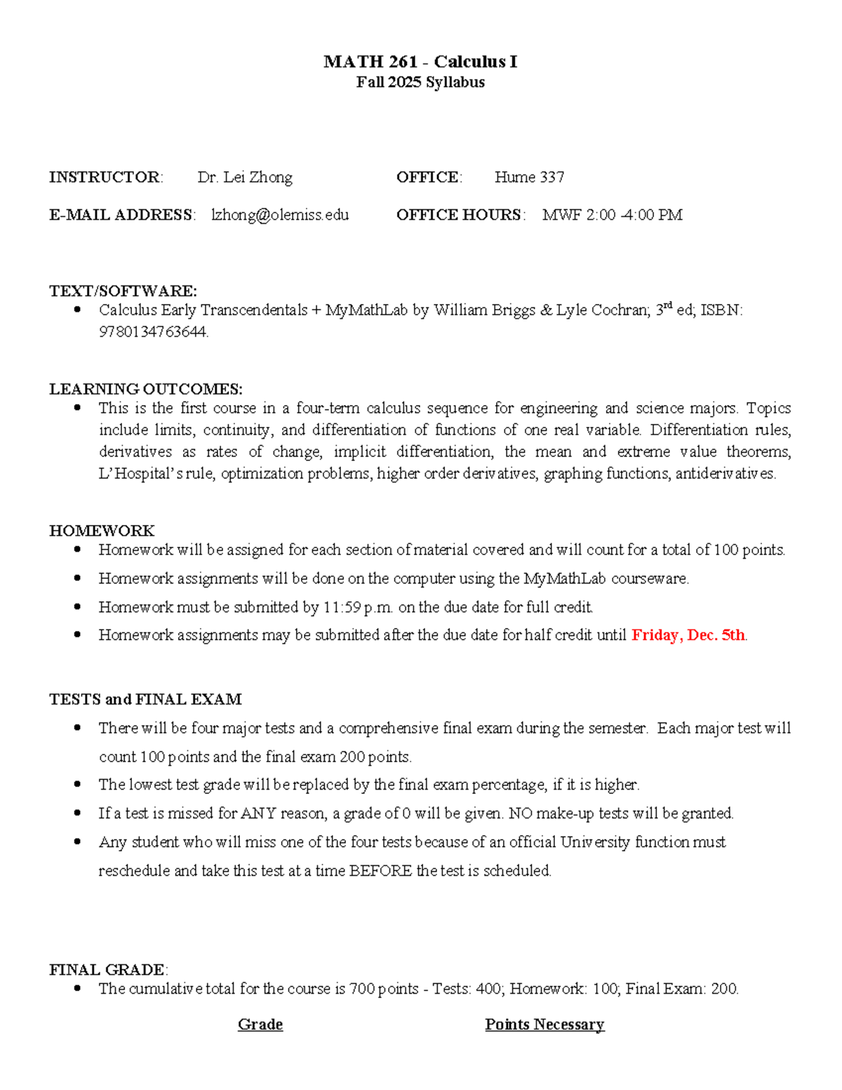 MATH 261 Calculus I Fall 2025 Syllabus Overview and Policies - Studocu