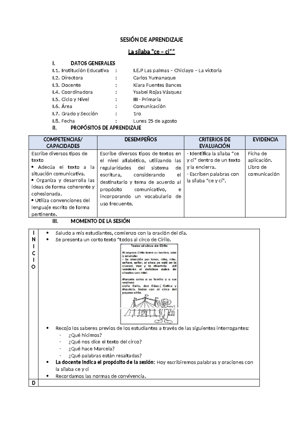 SESION DE APRENDIZAJE 1ro Comunicación: Sílaba CE y CI - Studocu