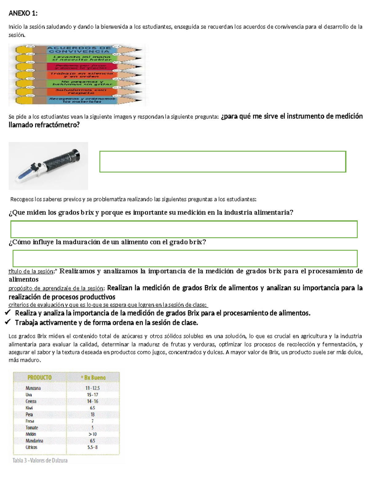Anexo 1: Medición de Grados Brix en Alimentos - Unidad 5, Sesión 4 ...