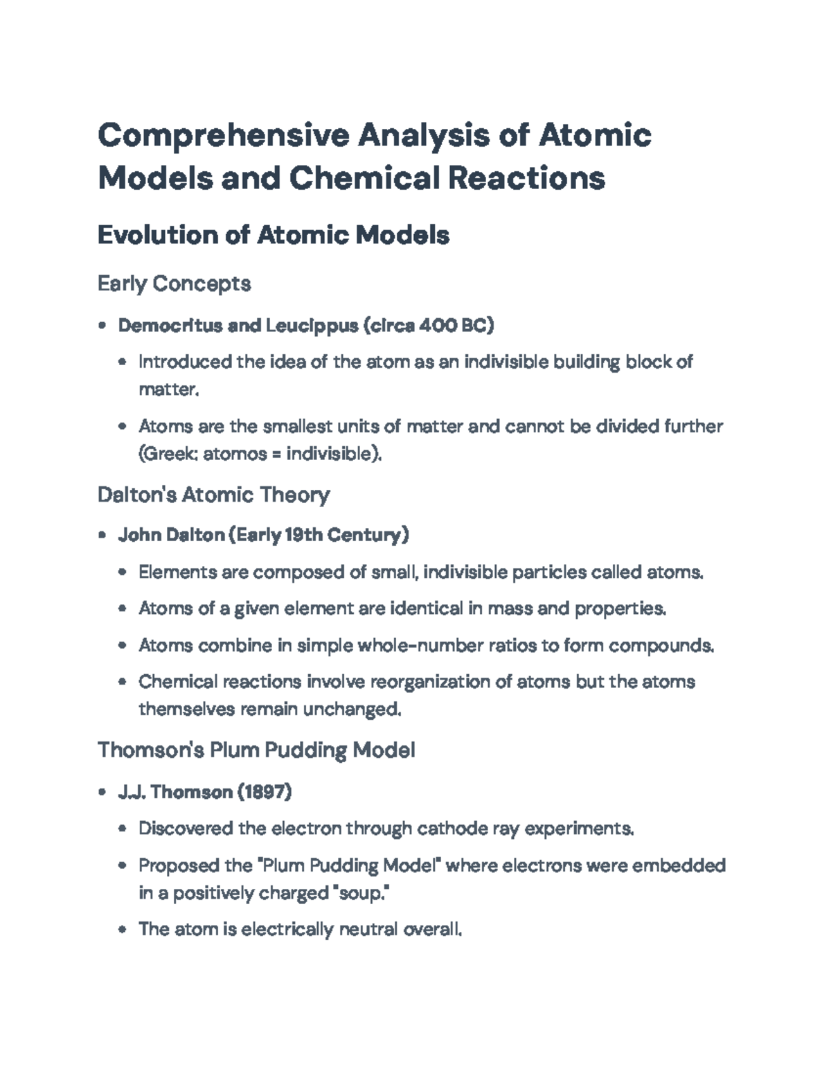 Comprehensive Overview of Atomic Models and Chemical Reactions ...