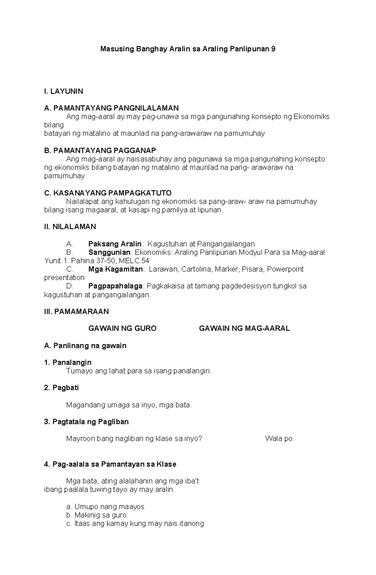 DLP Araling Panlipunan 9 - Masusing Banghay Aralin sa Araling Panlipunan 9 I. LAYUNIN A ...