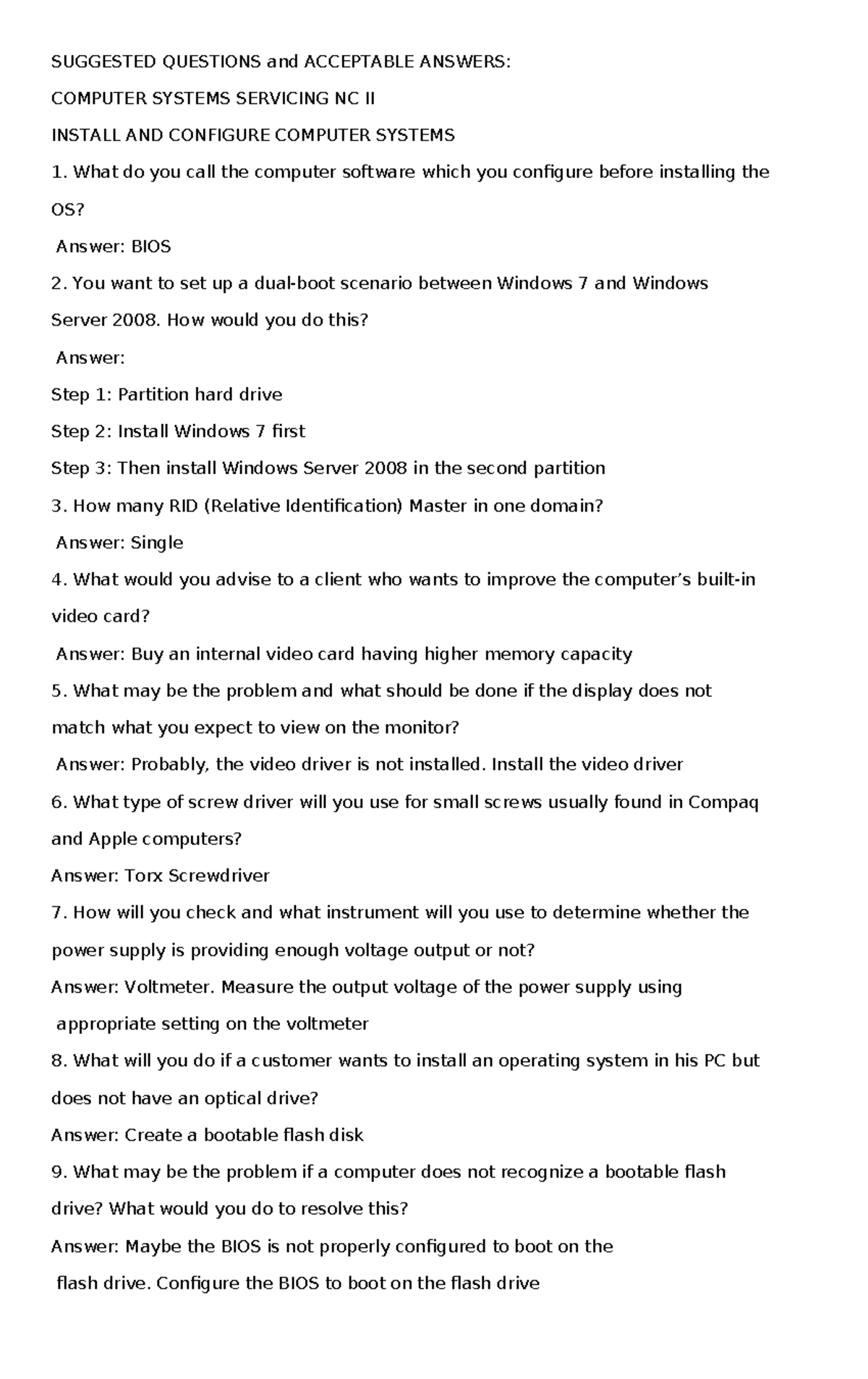 340110291 CSS NC II: Suggested Q&A for Computer Systems Servicing - Studocu