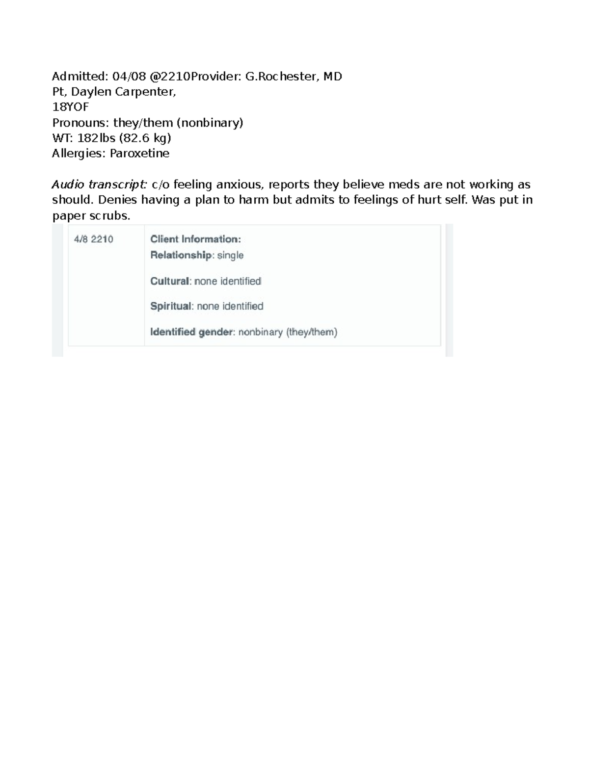 CJSim Nursing Care & Risk Factors for Daylen Carpenter 18YOF - Studocu