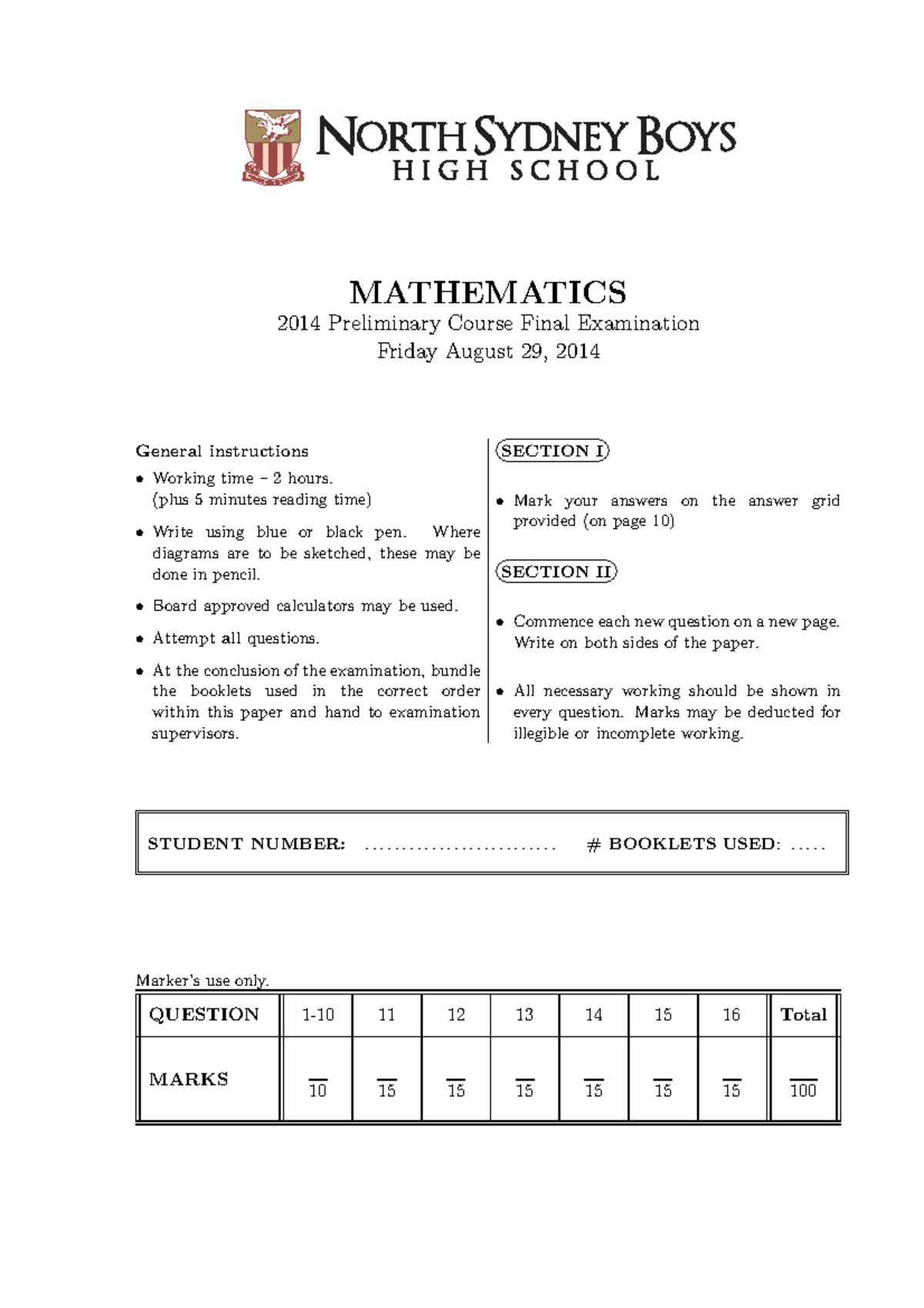MATHEMATICS 2014 Preliminary Course Final Exam - Task 4 Year 11 2U ...