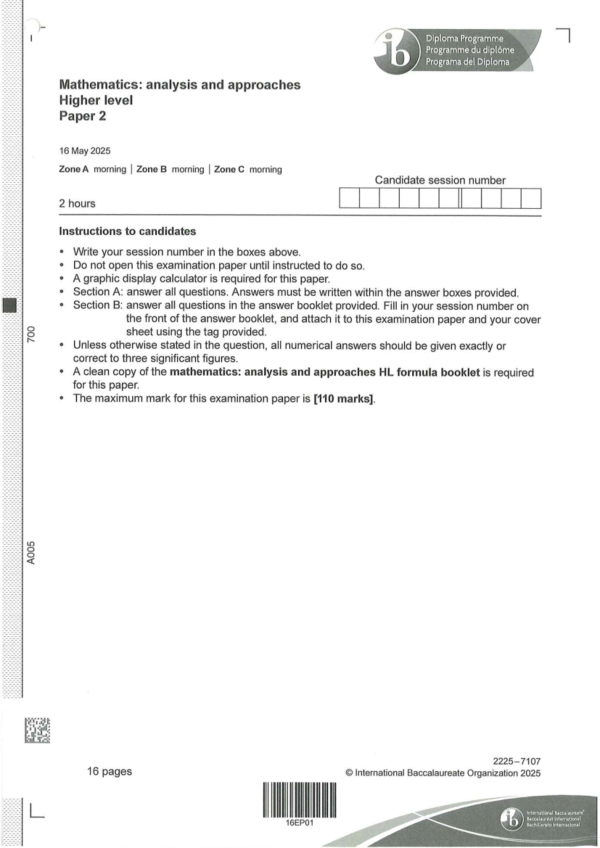 Mathematics: Analysis and Approaches HL Paper 2 - May 2025 (TZ1) - Studocu