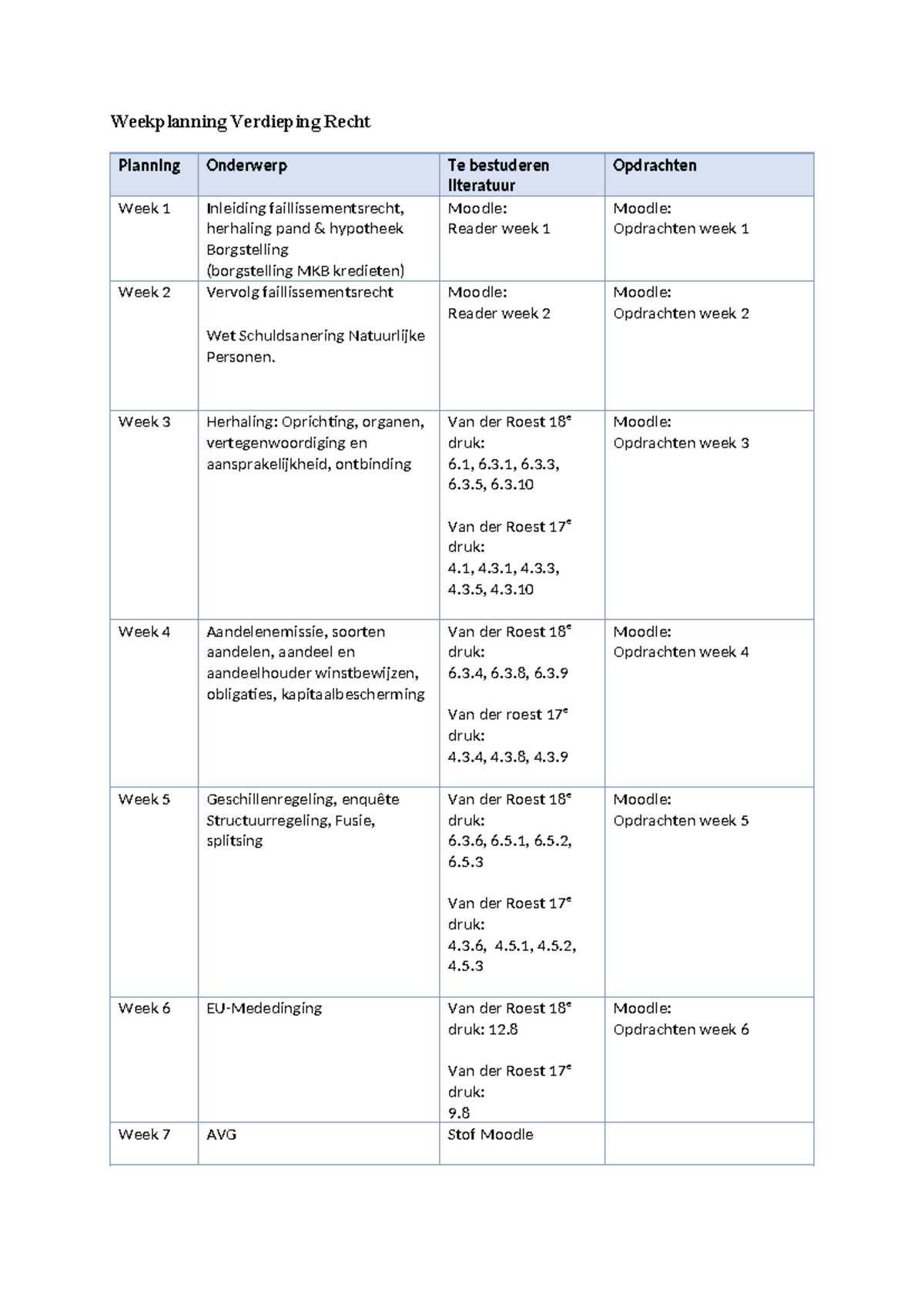 Weekplanning Verdieping Recht Nieuw CURR - Studie en Opdrachten ...