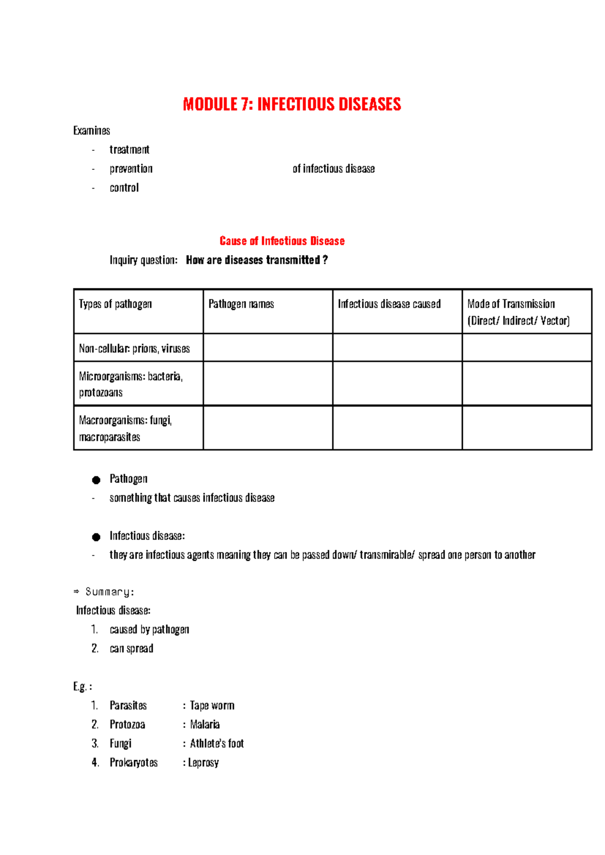 MODULE 7: INFECTIOUS DISEASES - Transmission, Pathogens, and Control ...