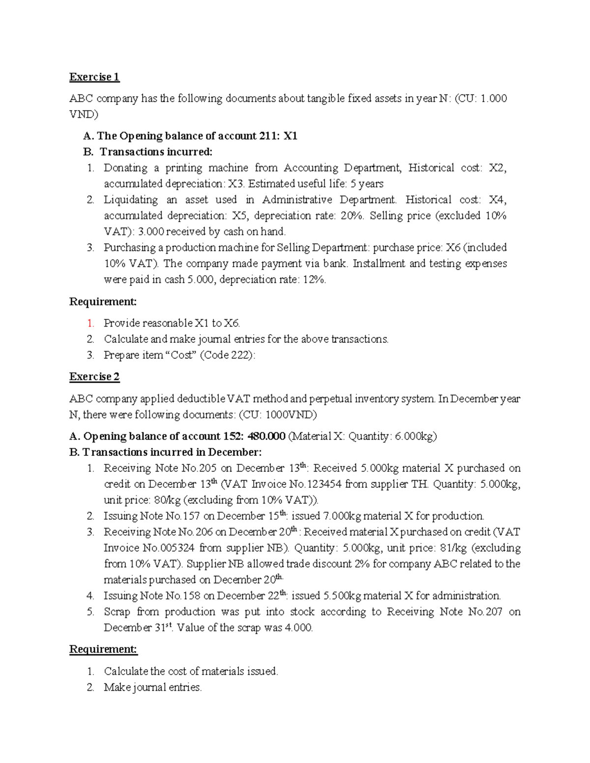 Ôn tập - Đề 1 - Exercise 1 & 2 về Tài sản cố định và Nguyên vật liệu ...