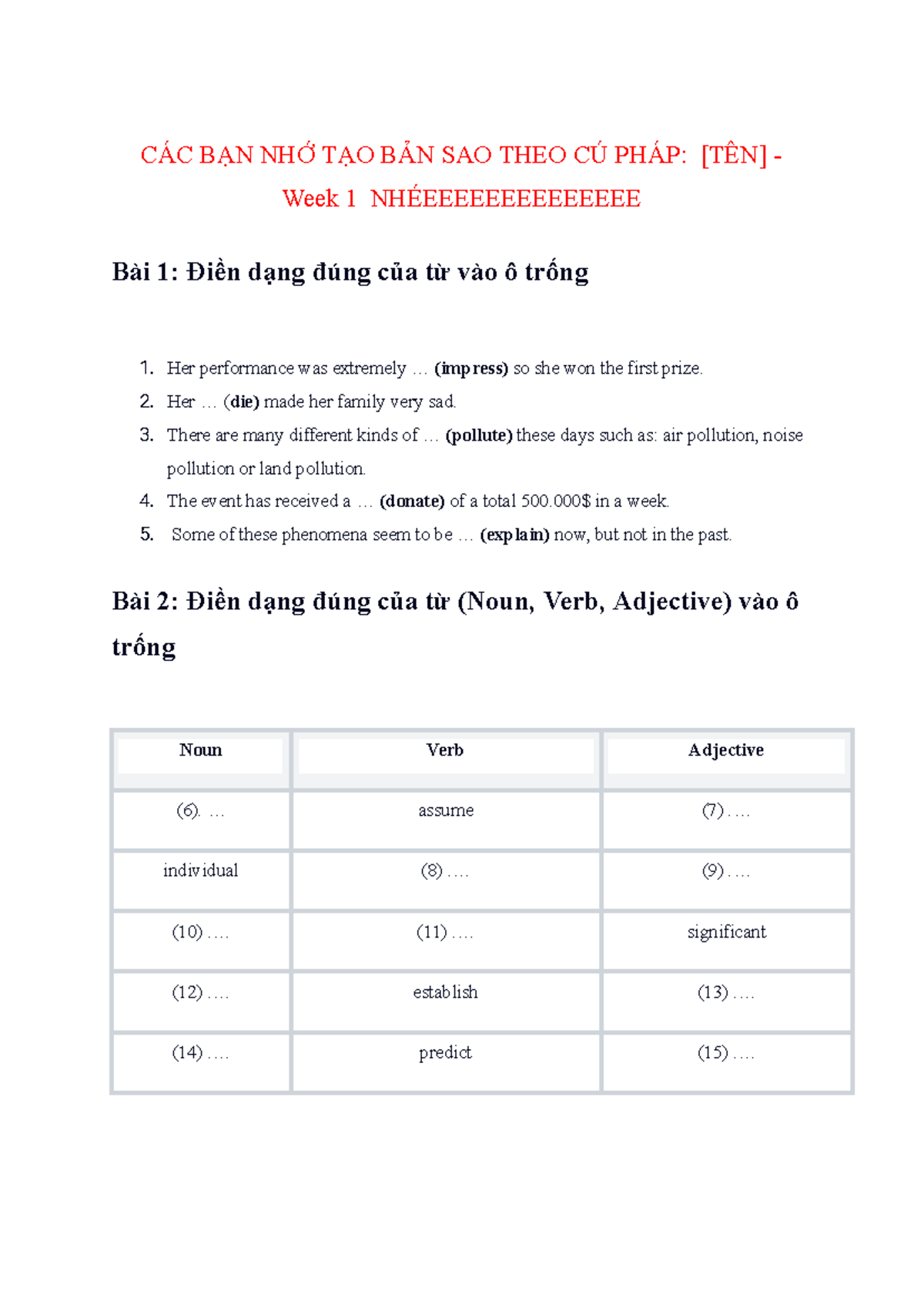 WEEK 1 - Word Form Exercises and Answers - Studocu