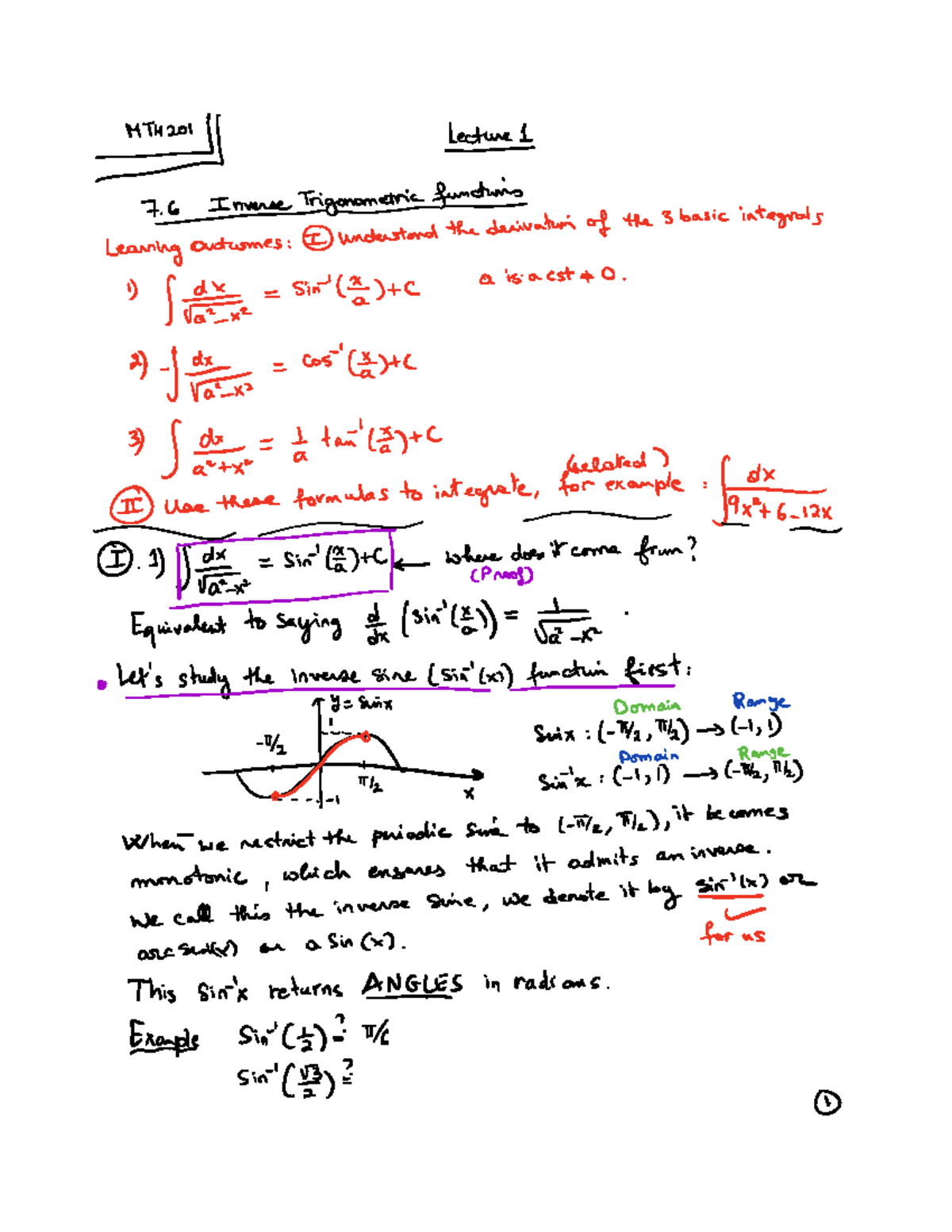 MTH201 Lecture: Inverse Trigonometric Functions & Basic Integrals - Studocu