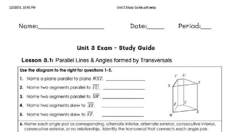 Unit 8 Exam Study Guide: Parallel Lines & Angles (Lesson 8.1 & 8.2 ...