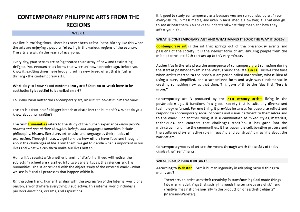 CPAR 1: Contemporary Philippine Arts from the Regions - Week 1 Notes ...