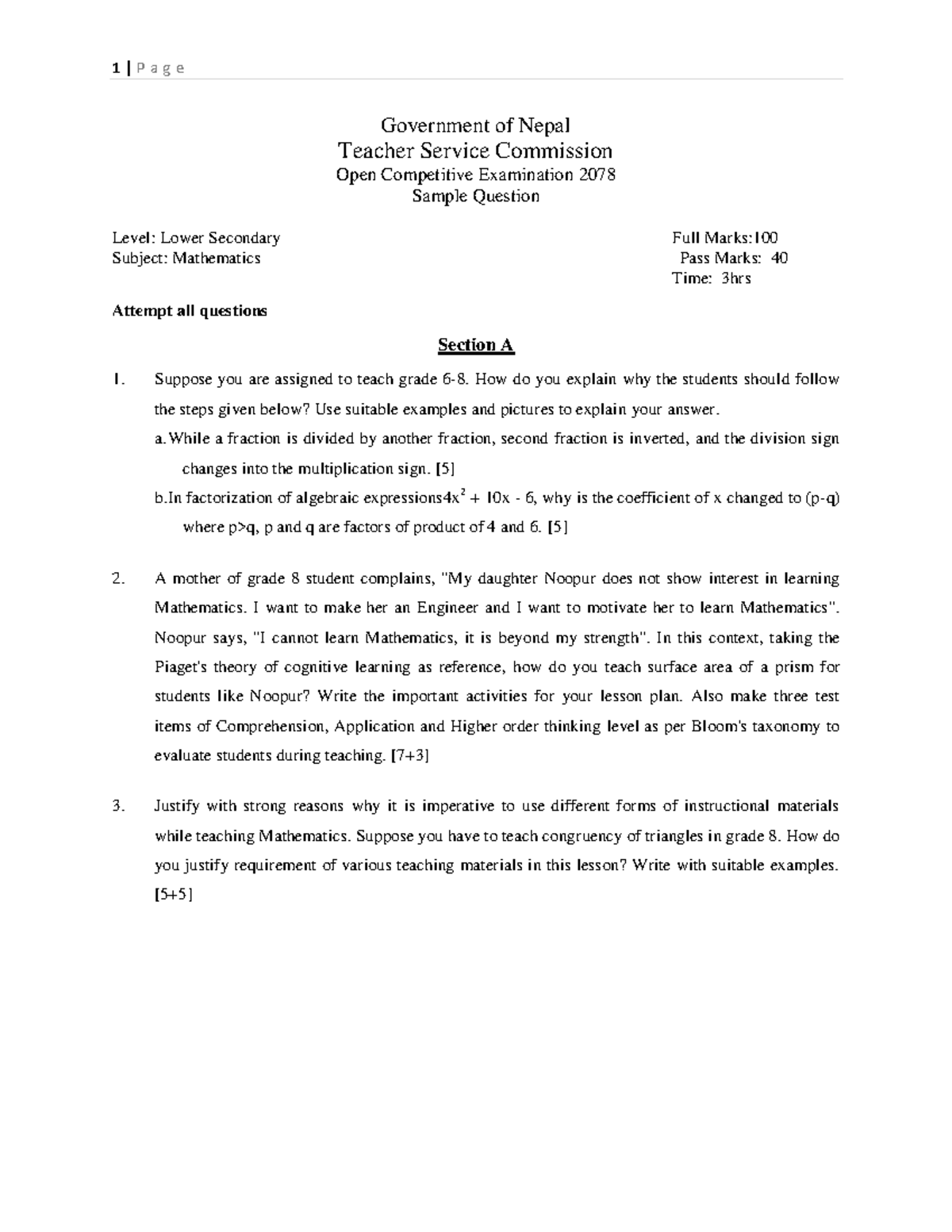 Mathematics Sample Questions for Teacher Service Exam 2078 - Studocu