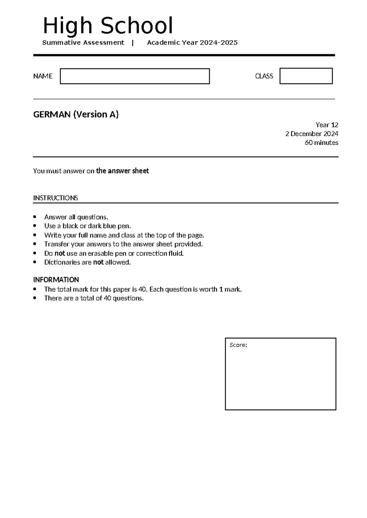 Year 12 GERMAN A1 Summative Assessment - Multiple Choice Test - Studocu