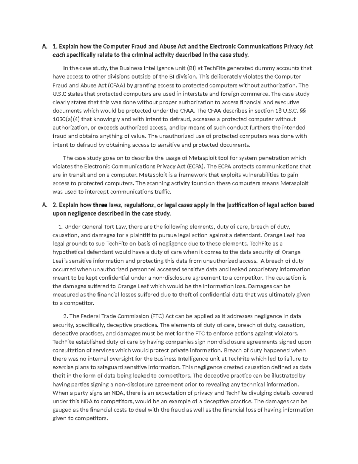 C841 Task 1: Legal Implications of Cybersecurity Negligence at TechFite ...