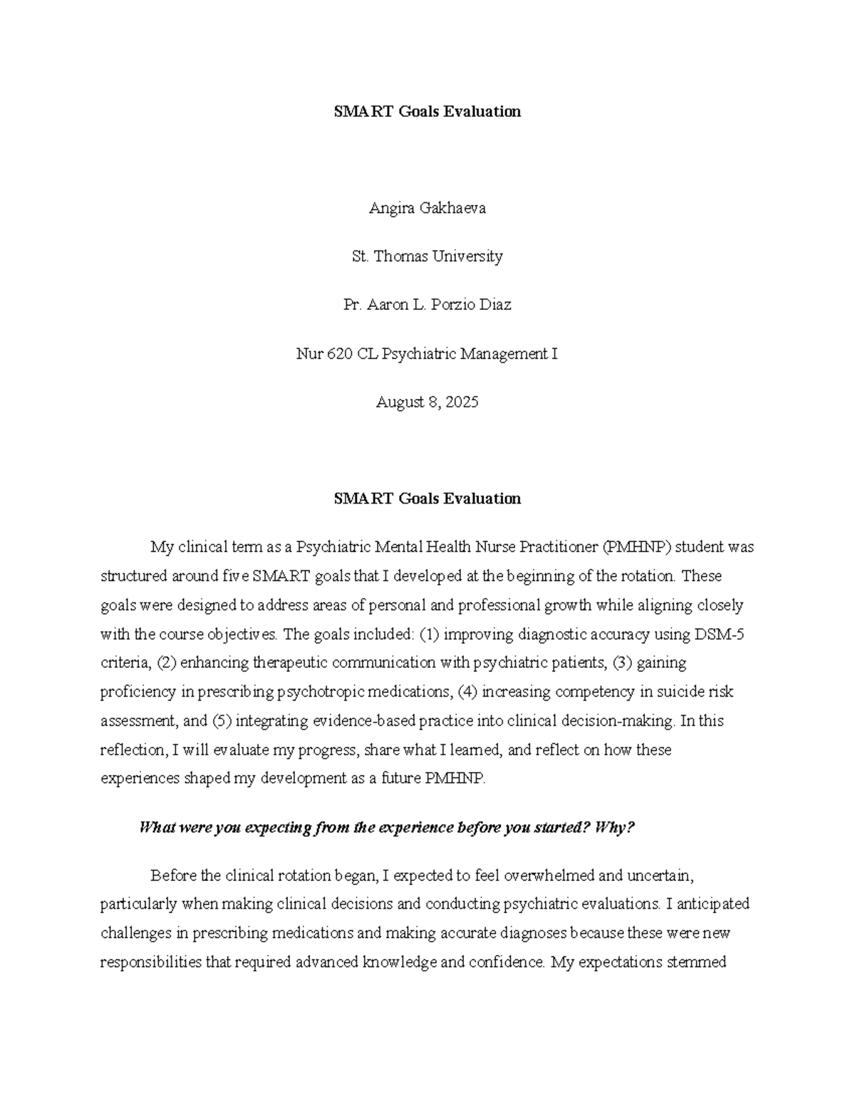 SMART Goals Evaluation Reflection - NUR 620 CL - Studocu