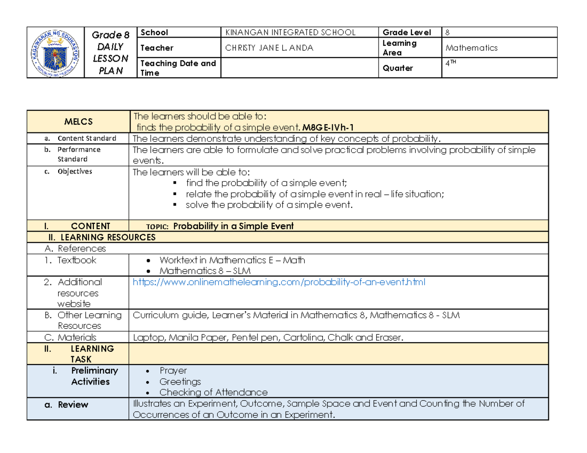 Final Lesson Plan on Probability for Grade 8 (M8GE-IVh-1) - Studocu