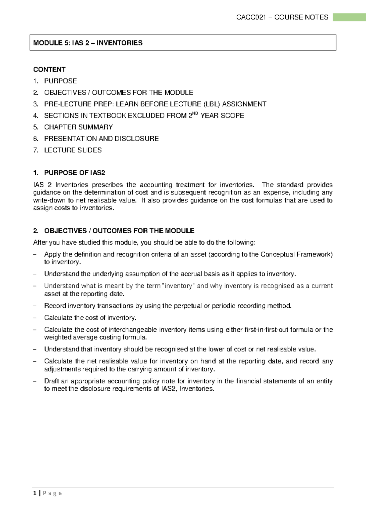IAS 2 Inventory Course Notes: Module 5 Overview and Key Points - Studocu