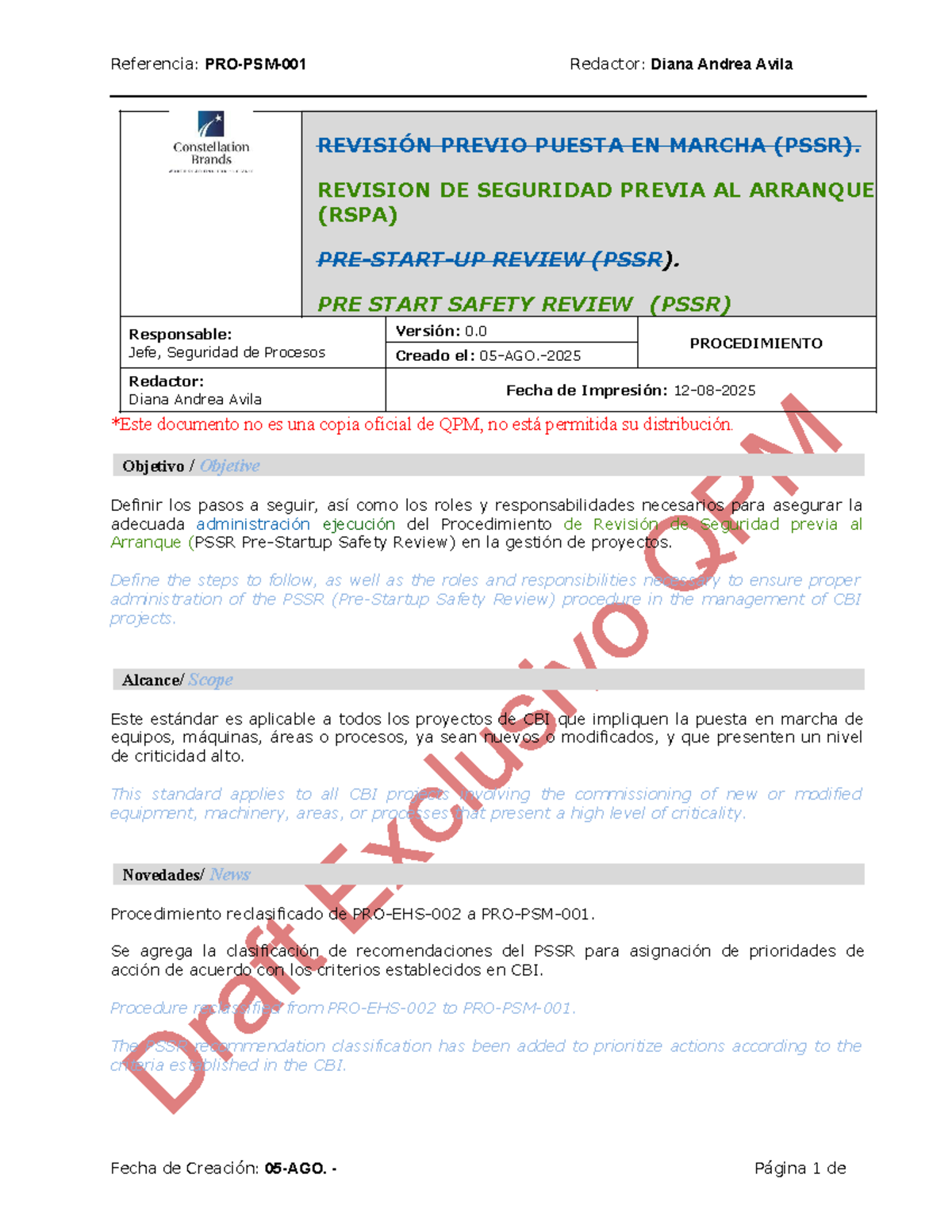 PRO-PSM-001 Procedimiento de Revisión de Seguridad Previo al Arranque ...