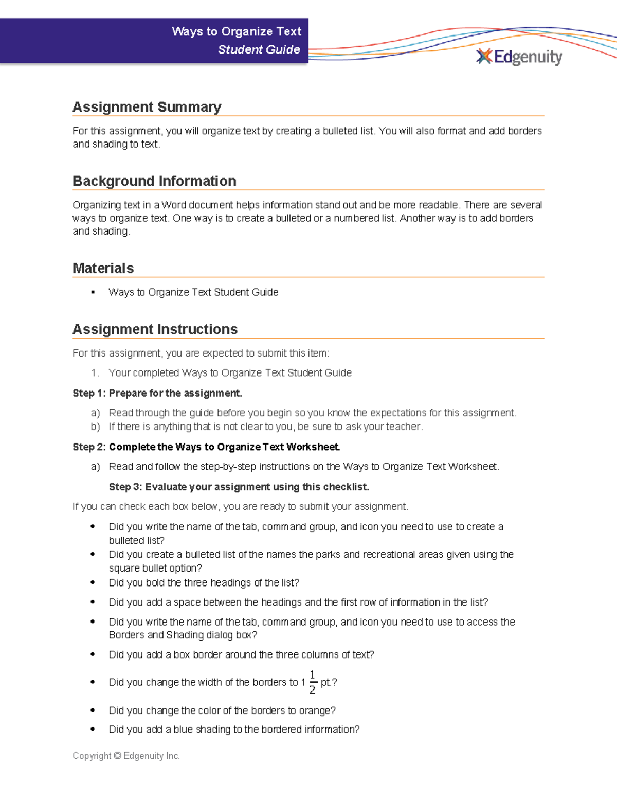 Hands-on Assignment: Ways to Organize Text - Student Guide - Studocu