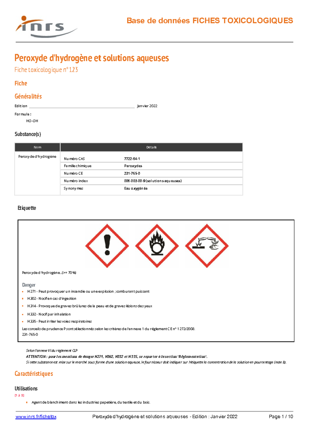 Fiche Tox 123 - merci - Peroxyde d'hydrogène et solutions aqueuses ...