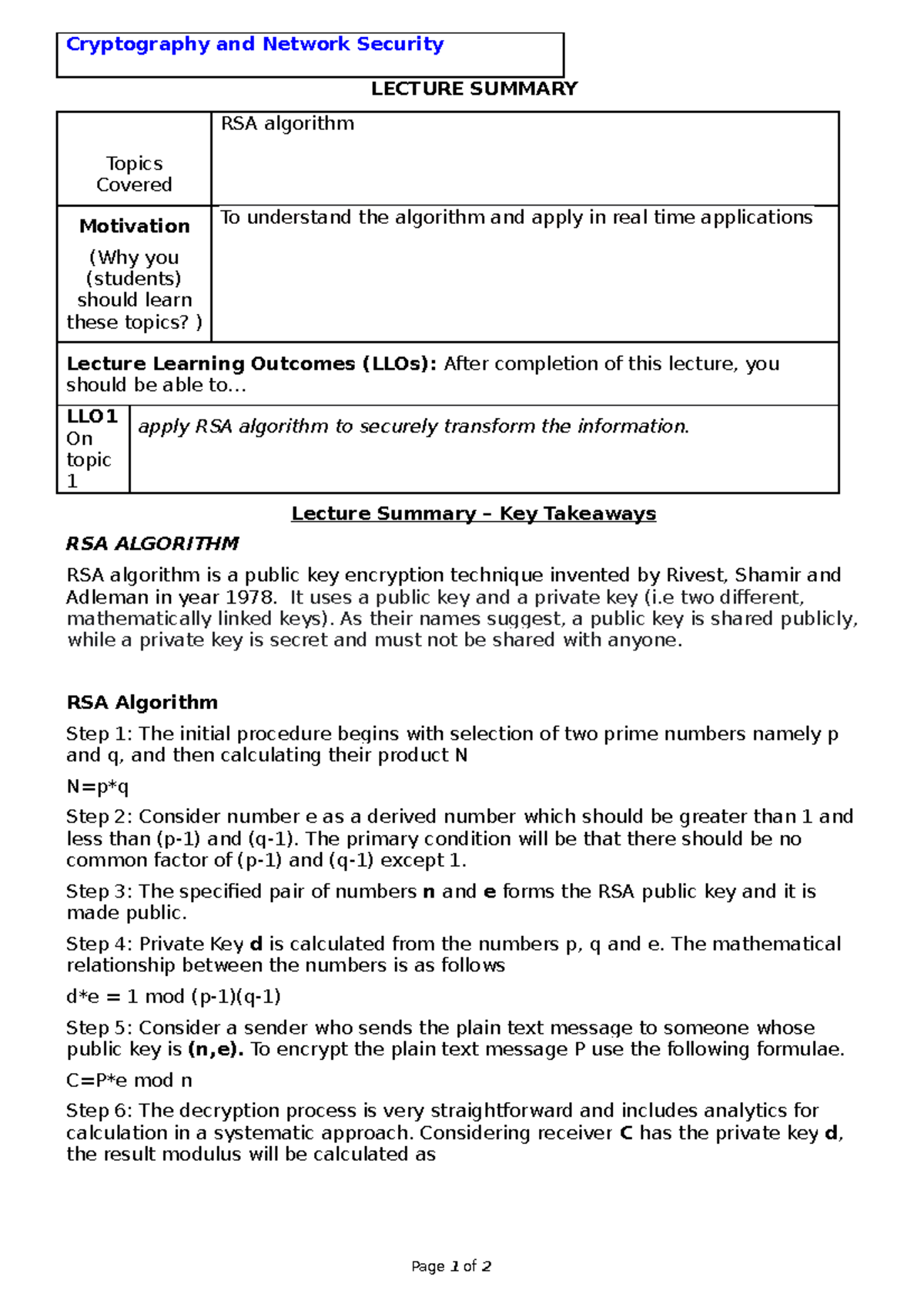 Rsa Algorithm Cryptography And Network Security Lecture Summary Topics Covered Rsa Algorithm