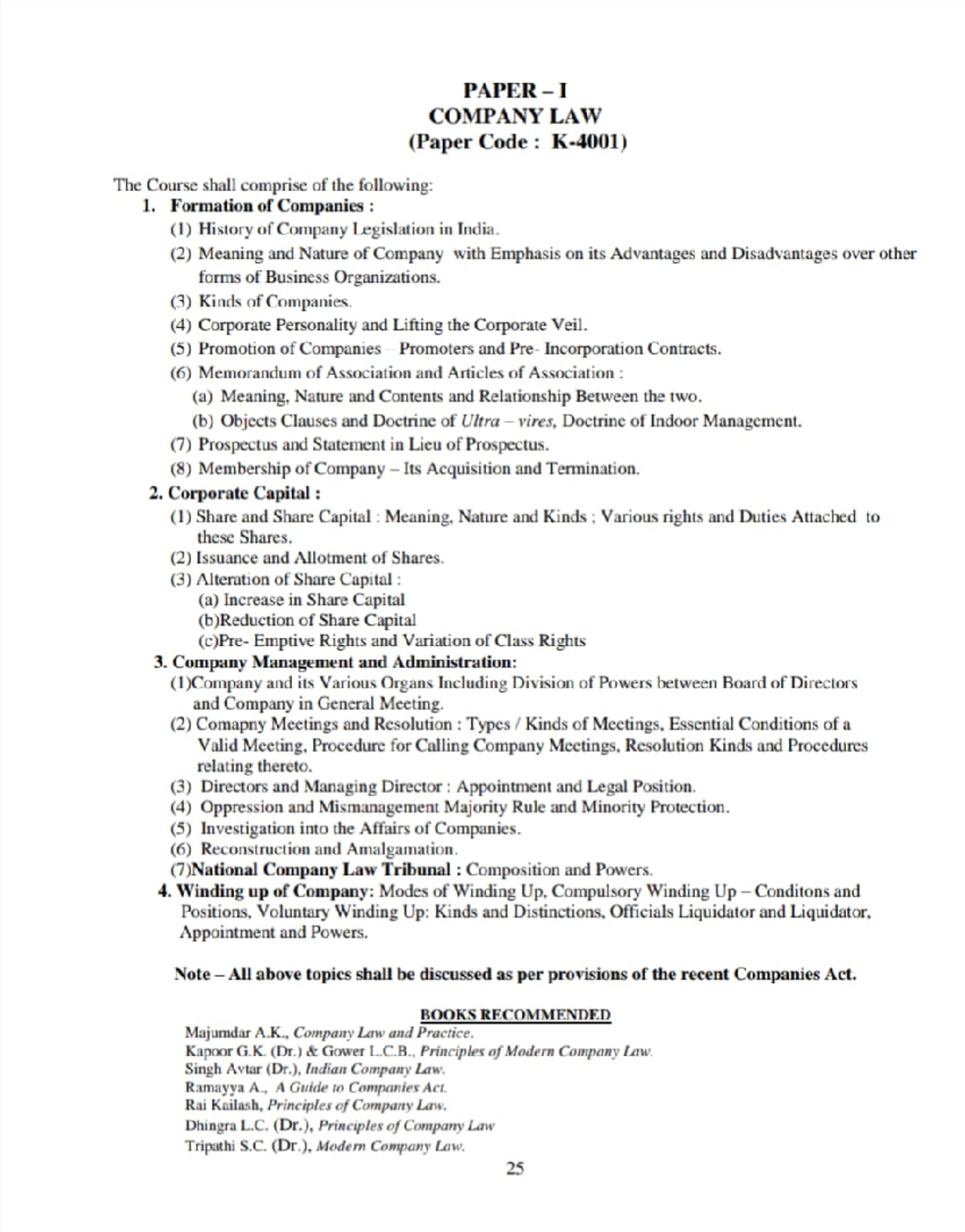 4th Semester (LLB Syllabus) - Fornmation of Companies : The Course shall comprise of the ...