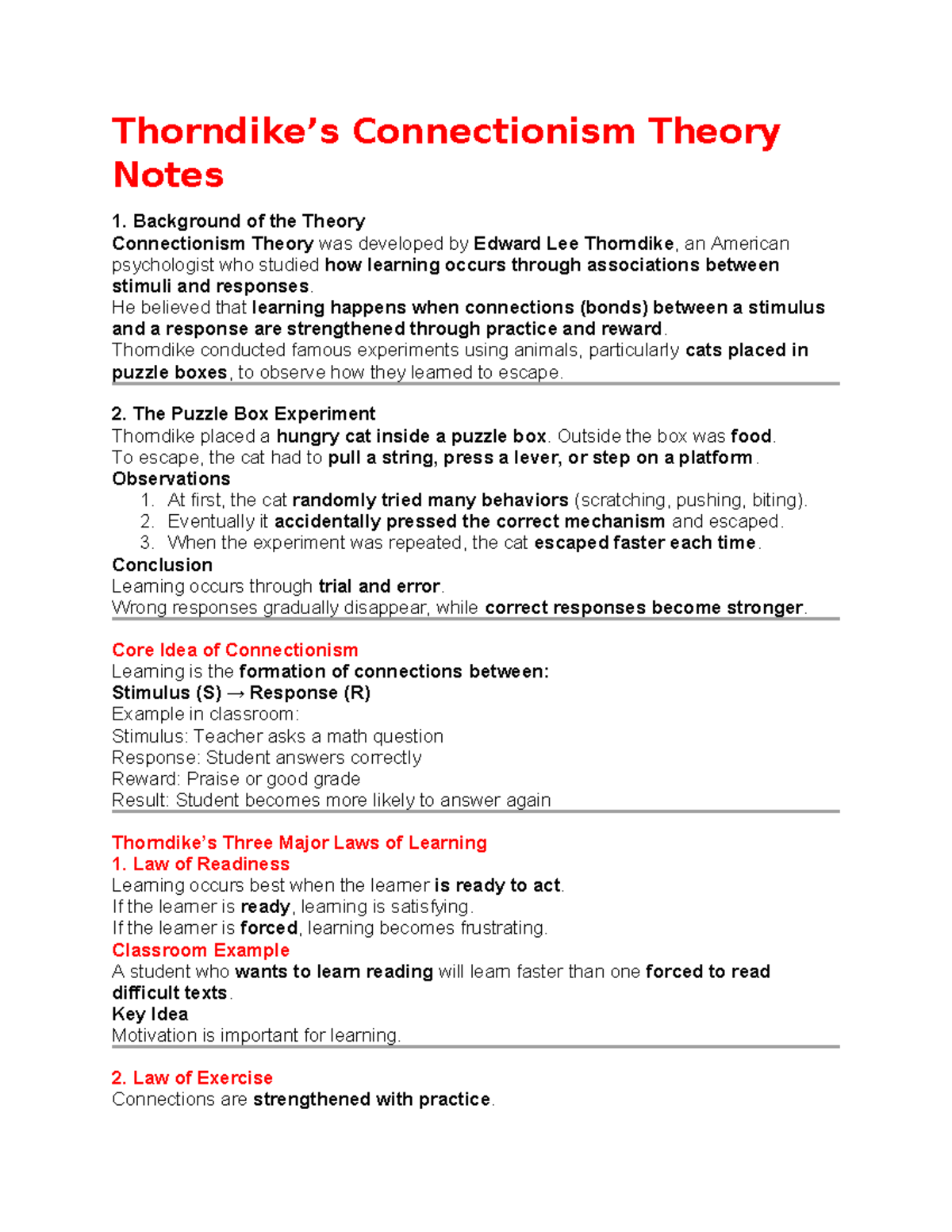 2026 PSY 101 Final Exam Notes: Thorndike's Connectionism Theory - Studocu