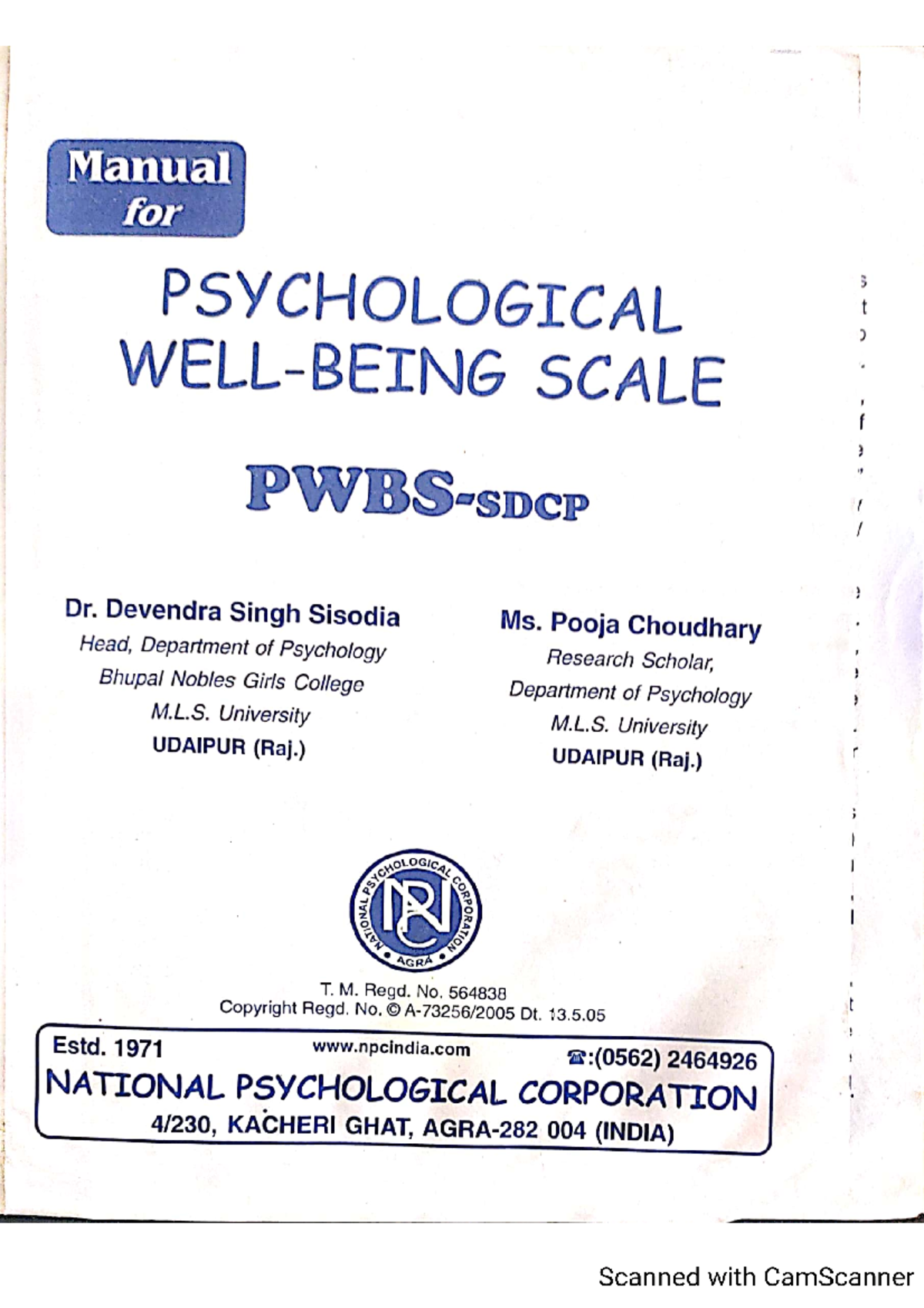 Manual for Psychological Scale (PSY 101) by Dr. Devendra Singh Sisodia ...