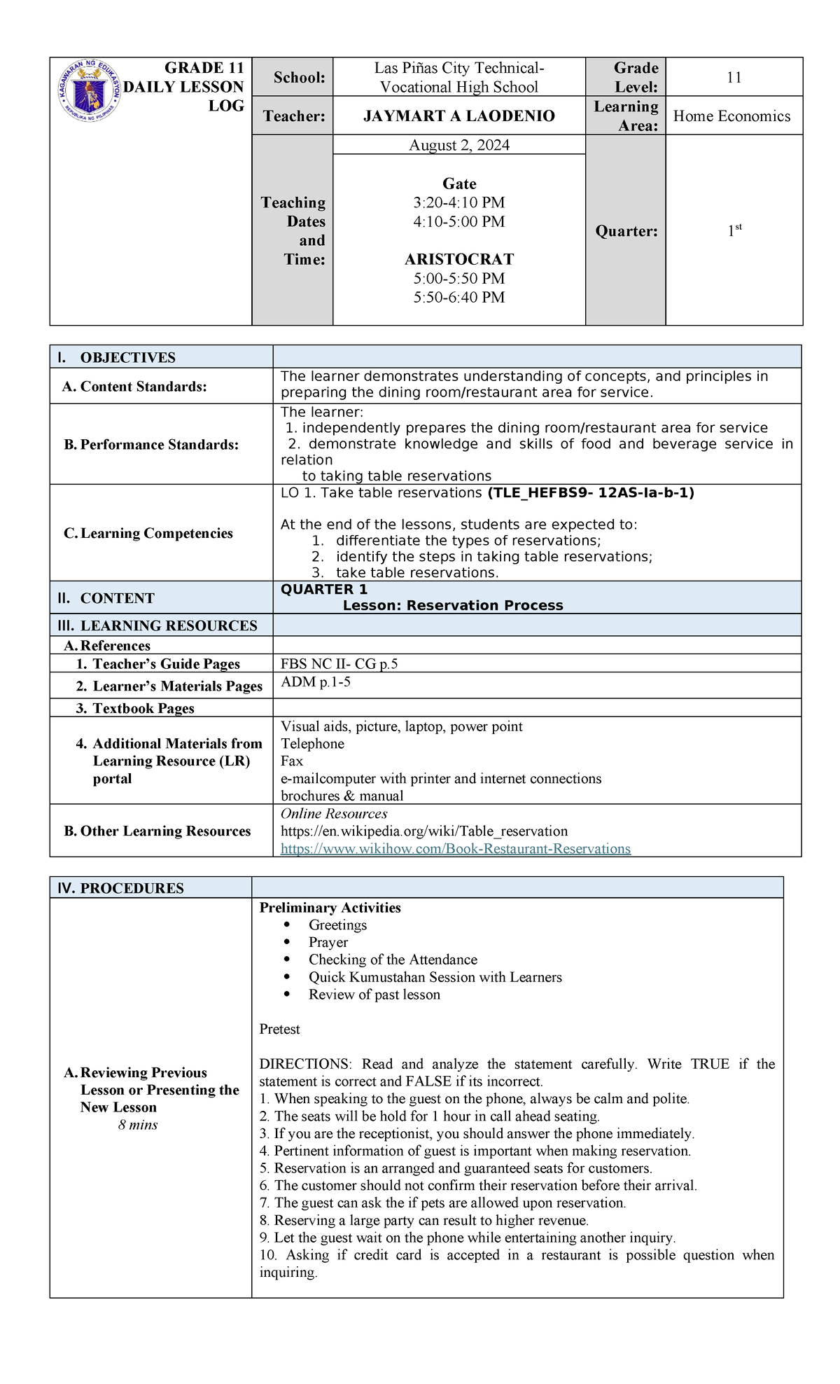 Q1-L2-Reservation Process Notes for Grade 11 Home Economics - Studocu