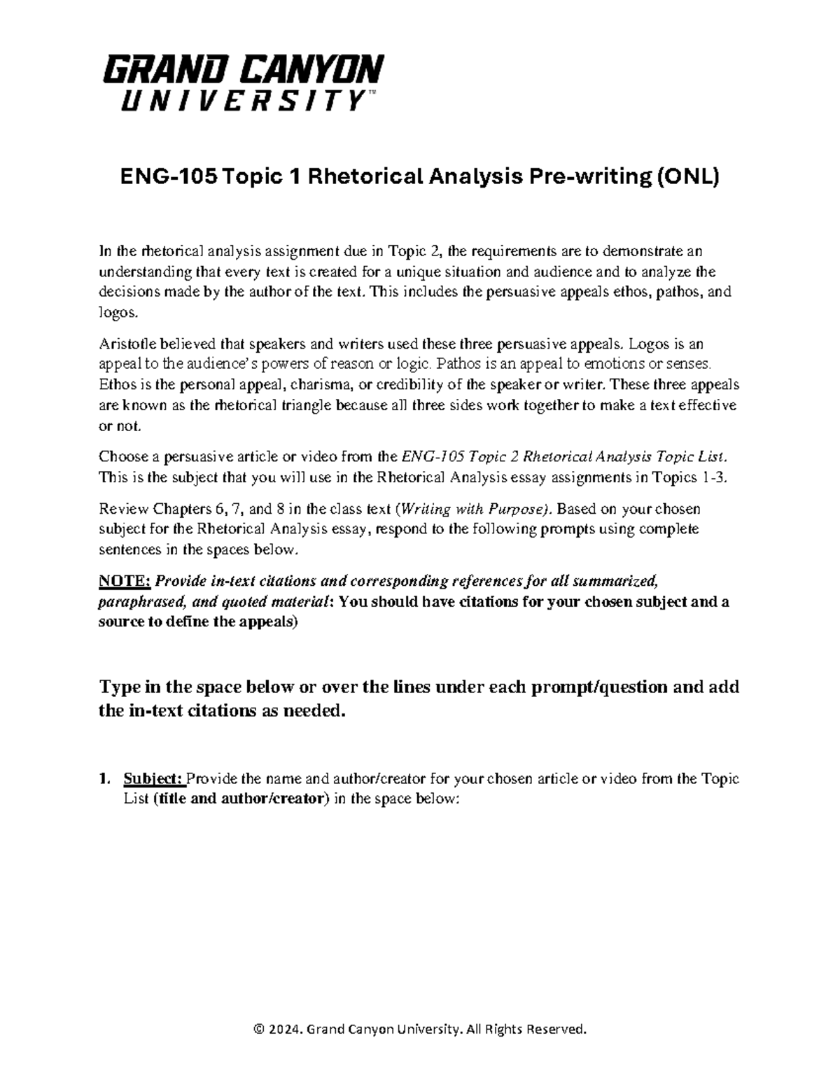 ENG-105-Rhetorical Analysis Pre-writing Exercise Guidelines - Studocu