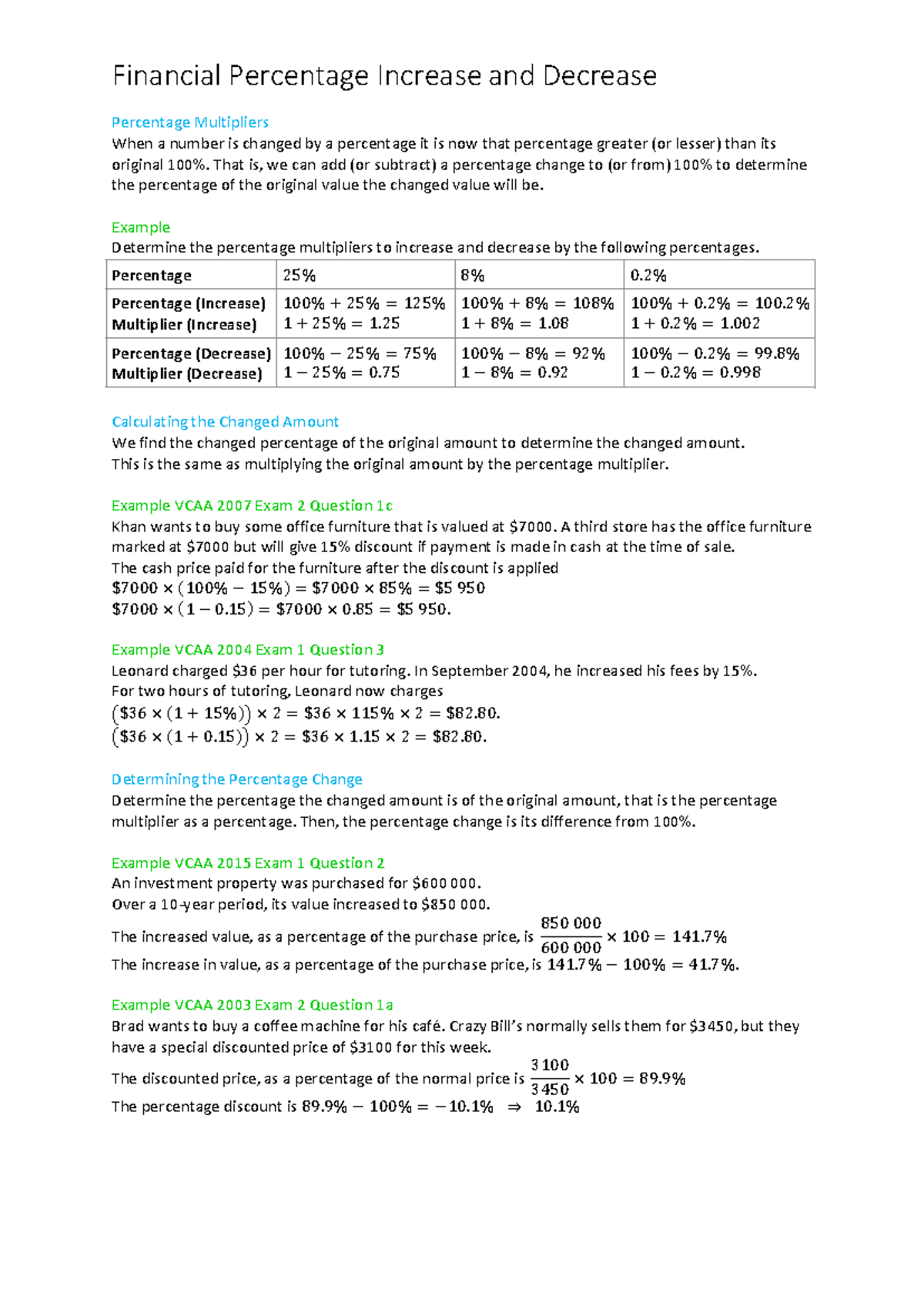 Financial Percentage Increase & Decrease Multipliers: Key Concepts ...