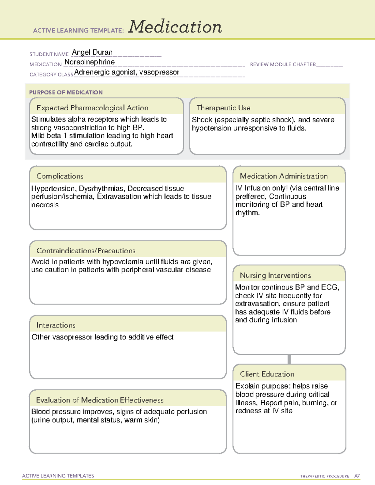 Norepinephrine Medication Notes: Active Learning Template - Studocu