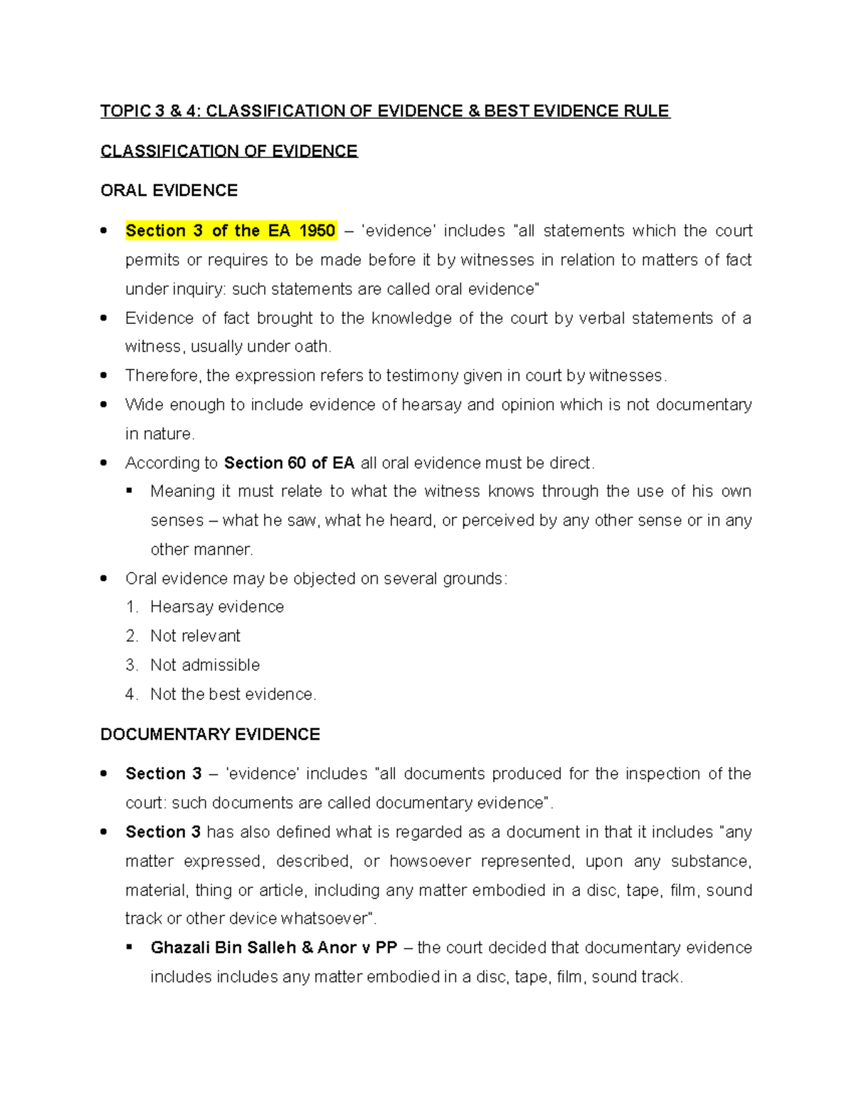 Topic 3 & 4: Classification of Evidence & Best Evidence Rule - Law ...