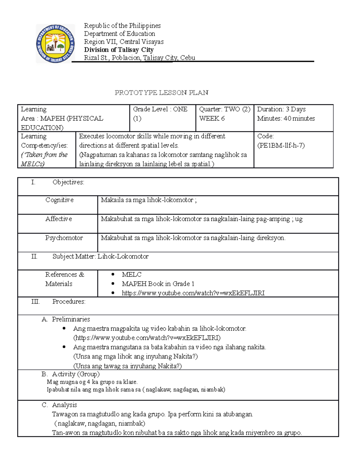 Prototype-LP-P.E - lesson plan used in deped - Republic of the ...