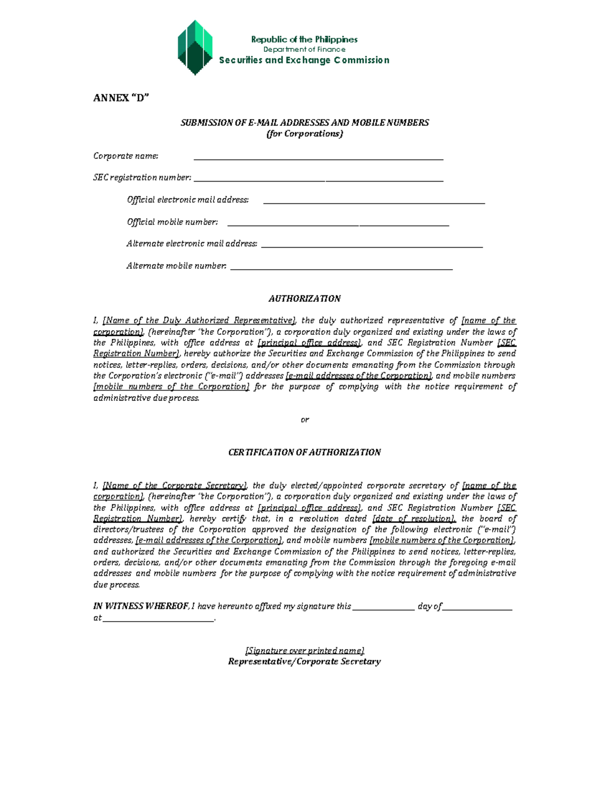 Annex D MC 28 - SEC E-Mail & Mobile Number Submission Form - Studocu