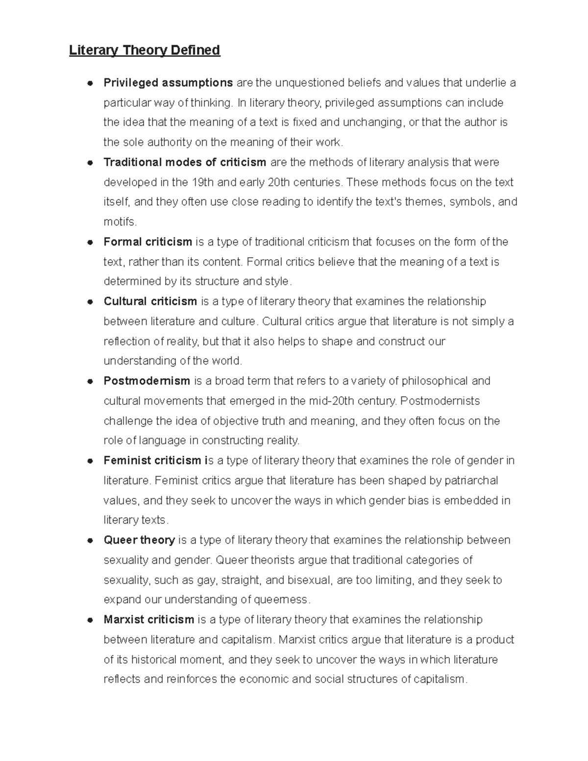 Literary Theory Definitions: Key Concepts and Critiques (Bard) - Studocu