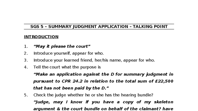 DFT - SGS 5 Summary Judgment Application Talking Points Guide - Studocu