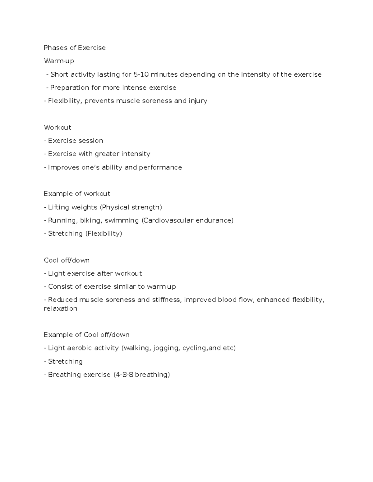 Phases of Exercise - Phases of Exercise Warm-up - Short activity ...