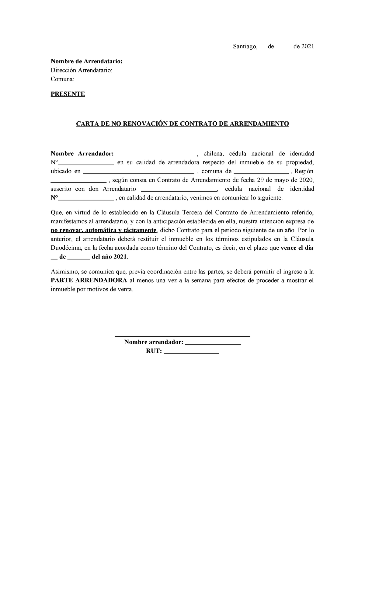 Carta de notificacion Termino de Contrato de Arrendamiento Modelo - Santiago, de de 2021 Nombre ...