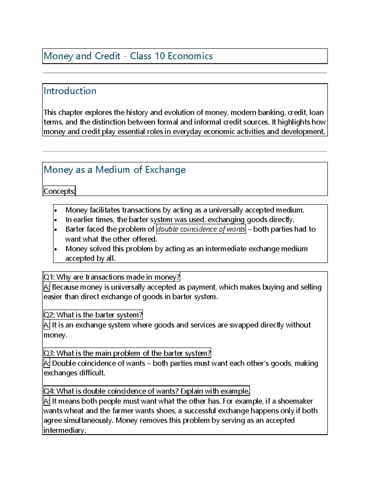 Money and Credit: Class 10 Economics Overview and Key Concepts - Studocu