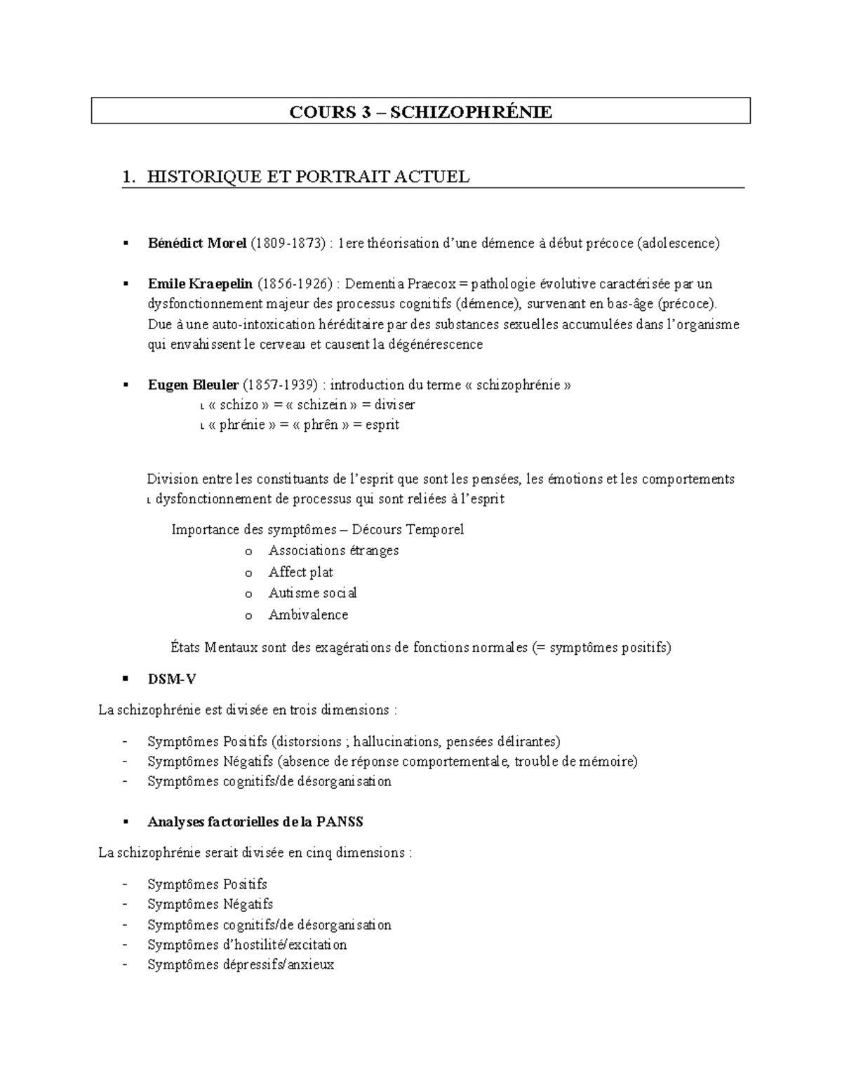 Cours 3 - Schizophrénie - COURS 3 – SCHIZOPHRÉNIE 1. HISTORIQUE ET ...
