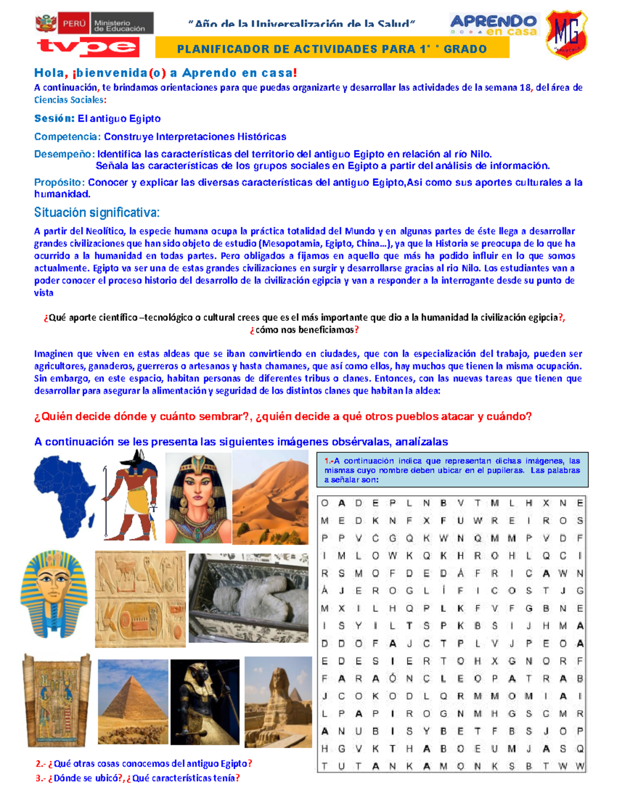 PLANIFICADOR DE ACTIVIDADES: Antiguo Egipto - Grado 18 - Studocu