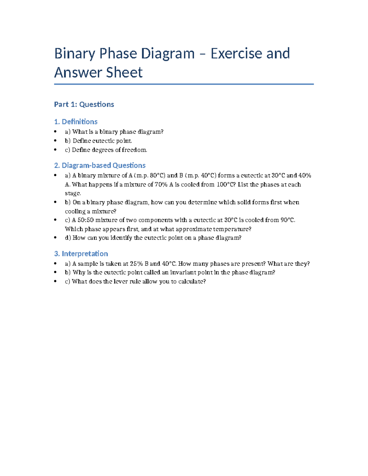 Binary Phase Diagram Exercises and Answers: Part 1 Overview - Studocu