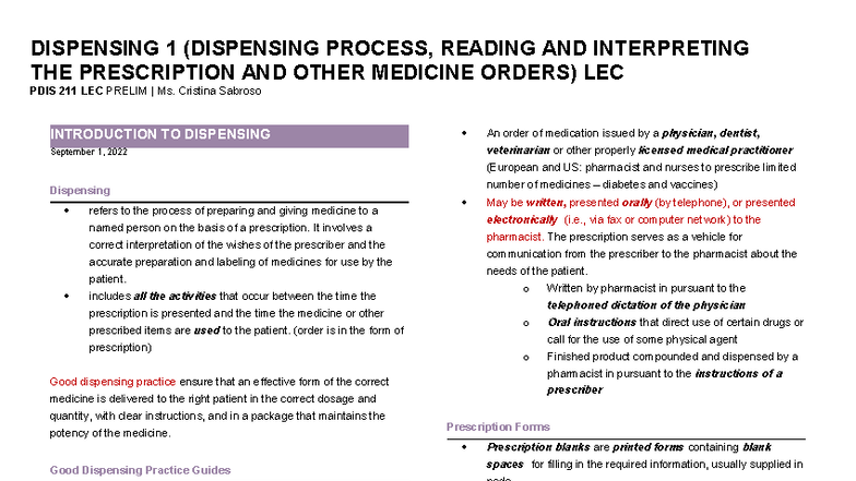 DISPENSING 1 (PDIS 211) LEC: Understanding the Prescription Process ...
